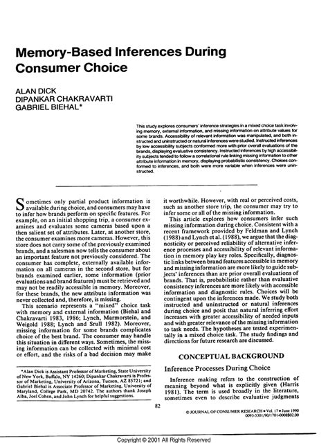 Pdf Memory Based Inferences During Consumer Choice