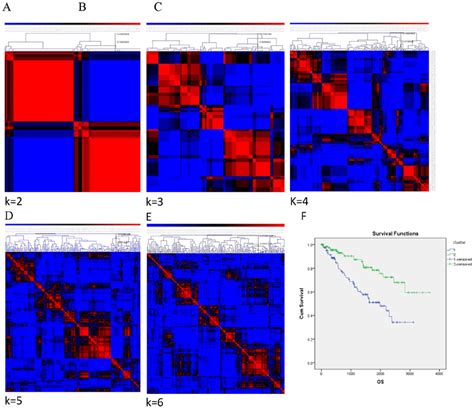 Nmf Clustering With K 2 To 6 A E And F Kaplan Meier Survival