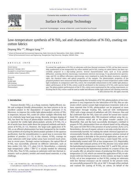 pdf low temperature synthesis of n tio2 sol and characterization of n