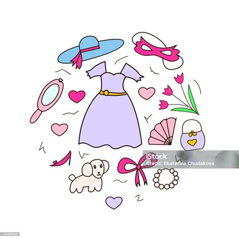 손으로 그려진 공주 드레스 모자 거울 개 팬 꽃 낙서 스타일의 마스크와 함께 설정 합니다 벡터 일러스트입니다 포스터 인사말 카드 및 템플릿에 적합 합니다 가방에 대한 스톡