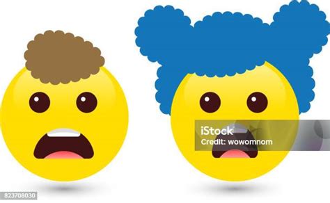 흰색 바탕에 두 개의 노란색 귀여운 웃는 이모티콘 벡터 일러스트 소년과 소녀 머리와 입의 매우 놀랍게도 아이콘 Brand Name Online Messaging