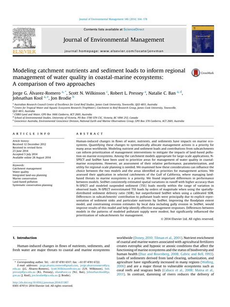 Pdf Modeling Catchment Nutrients And Sediment Loads To Inform Regional Management Of Water