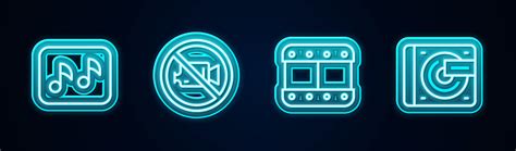라인 음악 노트 톤 금지 비디오 녹화 재생 및 비닐 디스크가있는 비닐 플레이어를 설정합니다 빛나는 네온 아이콘입니다 벡터 0명에 대한 스톡 벡터 아트 및 기타 이미지