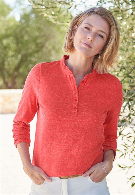 Evie Cotton Top Red Marl Cotton Blend Frill Neck Bella Di Notte
