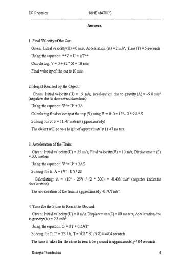 Kinematics Worksheet The Equations Of Motion MYP DP Physics Answers KEY