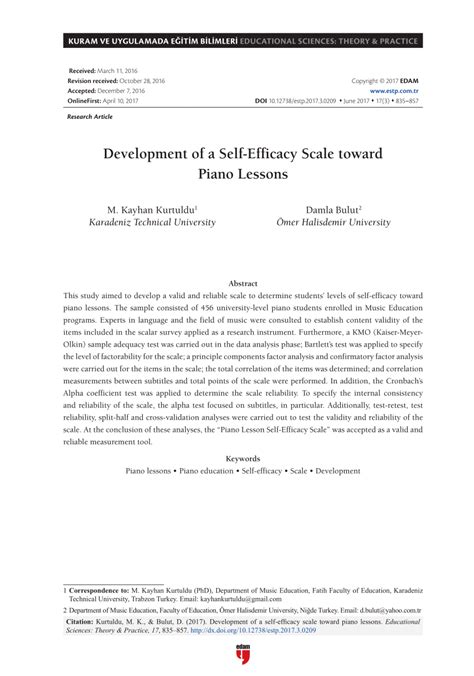 PDF Development Of A Self Efficacy Scale Toward Piano Lessons