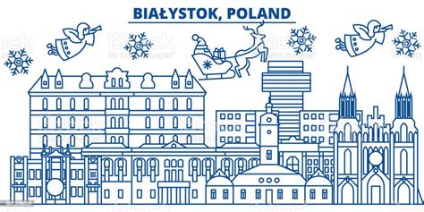 폴란드 비 알 리스 토크 겨울 도시의 스카이 라인입니다 메리 크리스마스 해피 뉴 산타 Clauswinter 라인 카드 배너 장식 평면 개요 벡터입니다 선형 크리스마스 눈