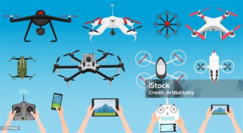 현대에 어 드 론 및 원격 제어의 집합입니다 과학 및 현대 기술입니다 벡터 일러스트입니다 라디오 로봇 또는 공기에서 카메라와 함께 비행기 혁신적인 시스템 및 개발 0명에
