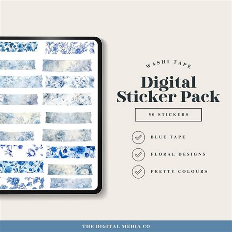 Blue Floral Digital Washi Tape Goodnotes Digital Tape Pack Vintage