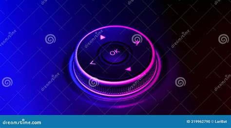 A Close Up Of A Glowing Button Switch On A Black Background With Neon Purple And Blue Lighting