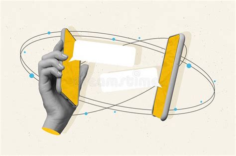 Collage Picture Of Black White Effect Arm Hold Smart Phone Screen Empty Space Dialogue Bubble