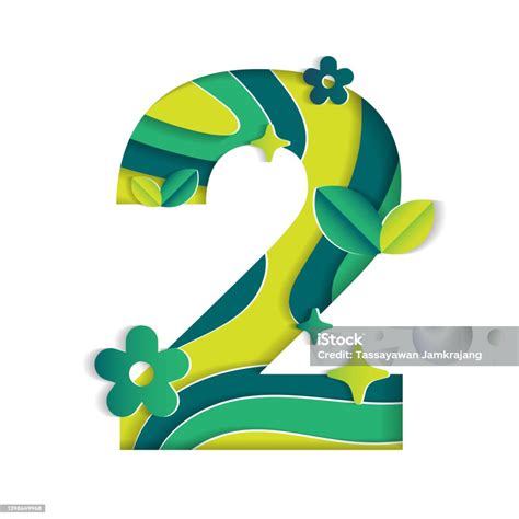 2 숫자 숫자 문자 환경 환경 일 잎 글꼴 편지 만화 스타일 추상 종이 반짝임 빛나는 녹색 산 지리 윤곽선 3d 종이 레이어 컷 아웃 카드 벡터 벡터 일러스트 레이 션 2에