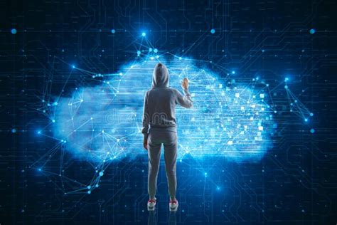 Back View Of Hacker Using Digital Glowing Polygonal Cloud Mesh On Blurry Blue Background