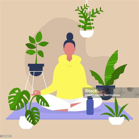 명상과 마음 챙김 조화와 휴식 식물로 둘러싸인 연꽃 위치에 앉아 진정 여성 캐릭터 실내 요가 식물에 대한 스톡 벡터 아트 및 기타 이미지 Istock