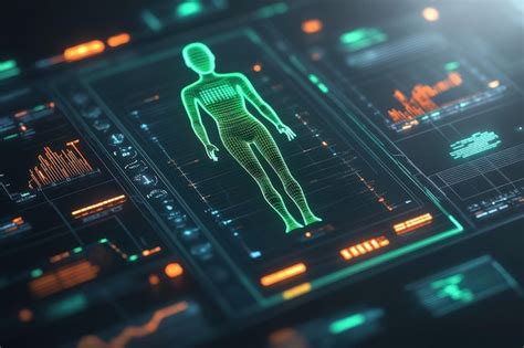 A Digital Interface Displaying A Human Figure With Health Metrics And Data Visualizations