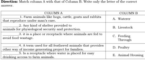 Direction Match Column A With That Of Column StudyX