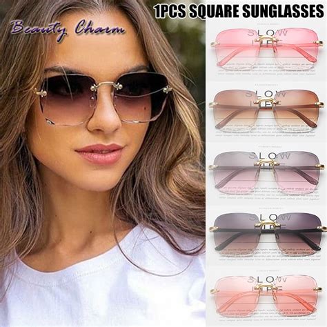 แว่นตากันแดด ไร้กรอบ เลนส์ขนาดใหญ่ ป้องกันรังสียูวี หลายสี สําหรับผู้หญิง Shopee Thailand