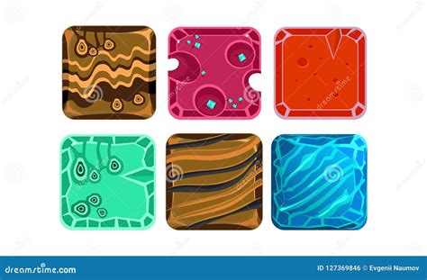 Vector Set Of 6 Square Tiles With Different Textures For Mobile Game