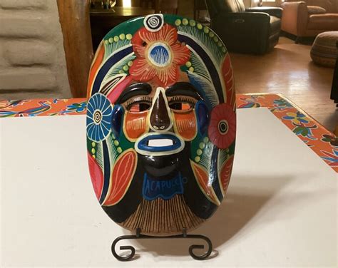 Vintage Hand Made And Painted Red Clay Mexican Folk Art Mask Souvenir