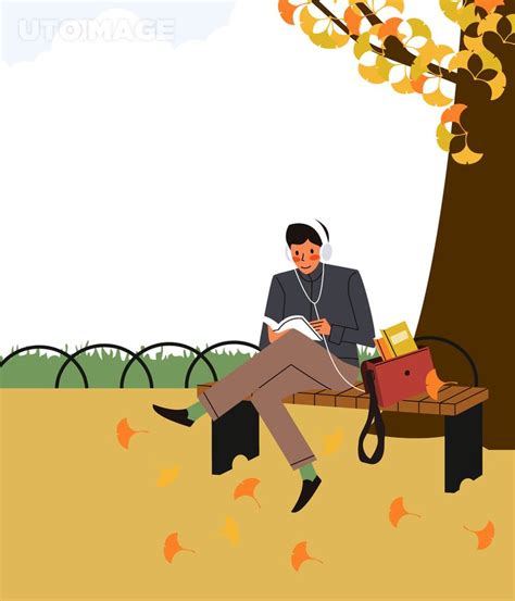 독서 026 Sill247 프리진 일러스트 사람 생활 독서 라이프 벡터 에프지아이 캐릭터 나무 은행잎 은행나무 식물 전신 모던 모던한 심플한