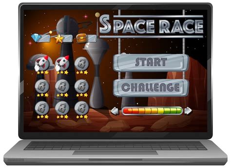 노트북 화면에 우주 모험 미션 게임 무료 벡터