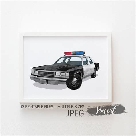 Watercolor Police Car Drawing Printable Wall Art Jpeg Designs 1970s
