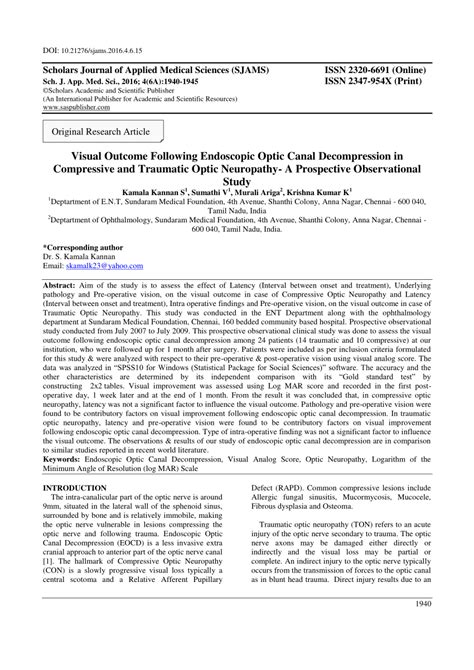 Pdf Visual Outcome Following Endoscopic Optic Canal Decompression In