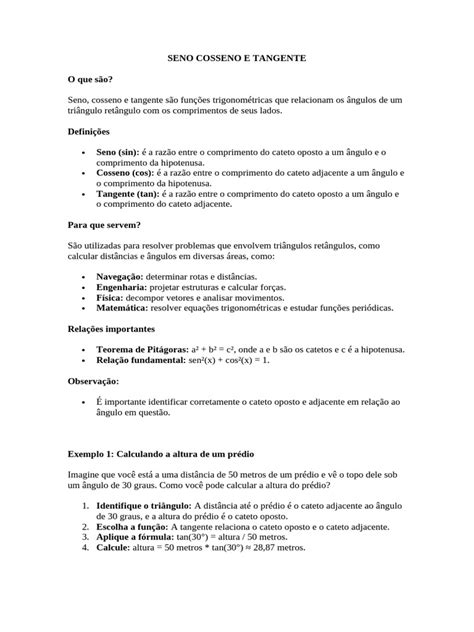 Seno Cosseno E Tangente Resumo Pdf Trigonometria Matemática