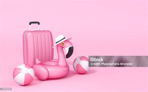 핑크 플라밍고 플로트 파스텔 핑크 배경 3d 렌더링에 넣어 수하물과 열대 조류 모양 풍선 수영장 링 3d 일러스트 여름과 여행 최소한의 개념 휴가에 대한 스톡 사진 및 기타