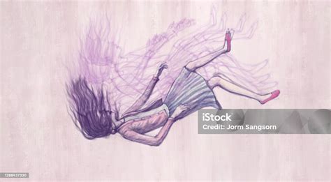 젊은 여자 떨어지는 슬픔 우울증 혼자 및 외로움 개념 초현실적 인 그림 느낌 일러스트 개념 작품 여자에 대한 스톡 벡터 아트 및