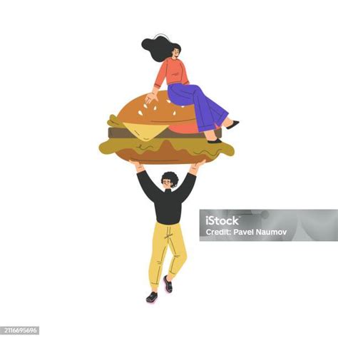 패스트 푸드 와 남자 성격 나르다 큰 햄버거 와 여자 통하고 있는 그것 벡터 일러스트 개념에 대한 스톡 벡터 아트 및 기타 이미지 Istock