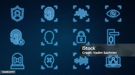 얼굴 인식 지문 도어 잠금 장치 음성 얼굴 거부 지문 사용자 보호 및 아이콘이있는 라인 노트북을 설정합니다 벡터 벡터에 대한 스톡 벡터 아트 및 기타 이미지 Istock