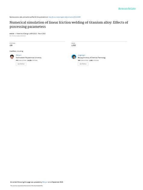 Numerical Simulation Of Linear Friction Welding Of Titanium Alloy Effects Of Processing