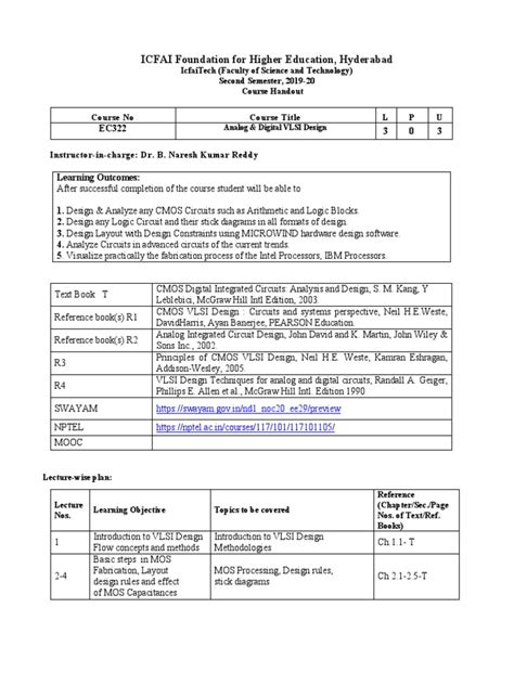 Analog And Digital Vlsi Design Handout Revised Pdf Mosfet Cmos