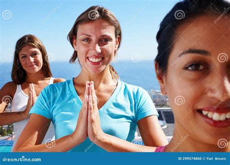 Namaste Yoga And Portrait Of Women In Nature Together For Fitness