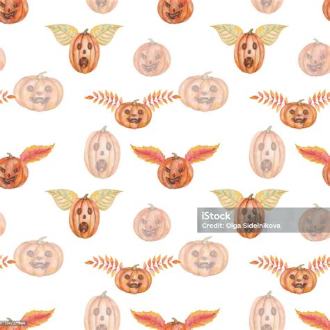 날개같은 잎이 있는 할로윈을 위한 무서운 얼굴을 가진 조각된 호박의 손으로 그린 그림에서 수채화 매끄러운 패턴 10월에 대한 스톡 벡터 아트 및 기타 이미지 Istock