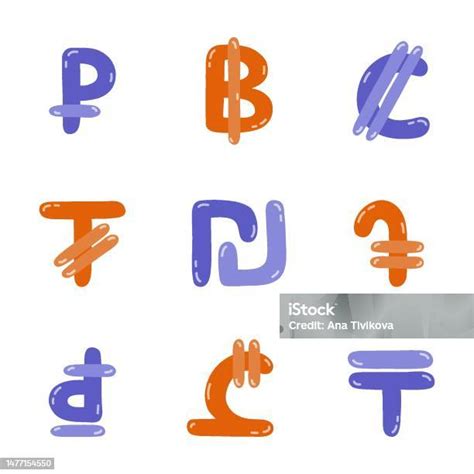 국제 통화 기호 집합입니다 돈 기호가 있는 귀여운 손으로 그린 벡터 삽화 다른 나라의 동전 달러 한숨 유로 위안 페소 순진한