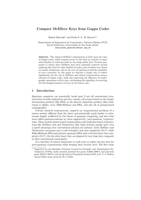 Pdf Compact Mceliece Keys From Goppa Codes