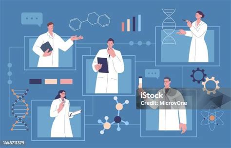 과학 가상 연구 의학 화학 Dna를 개발하는 평평한 과학자 실험실 생화학 온라인 글로벌 제약 실험실 Kicky 벡터 개념 병원에 대한 스톡 벡터 아트 및 기타 이미지