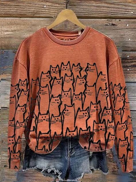Womens Cute Cat Print Sweatshirt In 2024 Simple Winter Outfits
