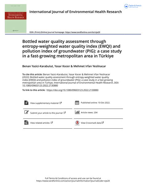 Pdf Bottled Water Quality Assessment Through Entropy Weighted Water Quality Index Ewqi And