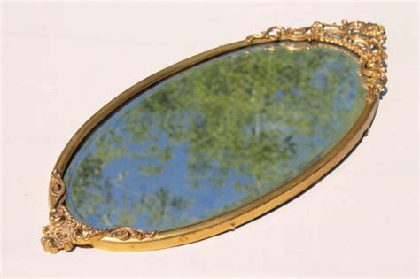 Antique Vintage Beveled Glass Mirror W Ornate Old Gold Metal Oval Frame