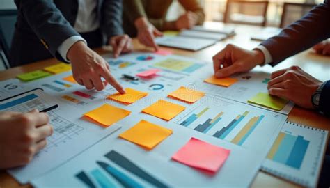 Business People Brainstorm Ideas Using Sticky Notes Group Discussion