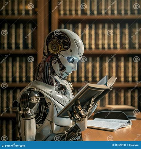 Artificial Intelligence Robots Reading Book In Library Stock Illustration Illustration Of