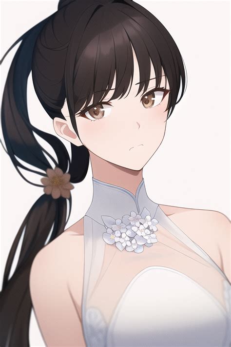 배경 화면 애니메이션 소녀들 흑발 갈색 눈 포니 테일 웨딩 드레스 뷰어를보고 간단한 배경 일체 포함