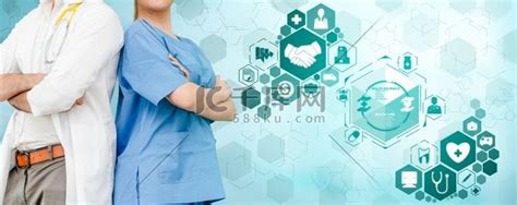 医疗保健概念 医院医生与数字医疗图标图形横幅显示医学、医疗保健人员、紧急服务网络、患者健康的医生数据。高清摄影大图 千库网