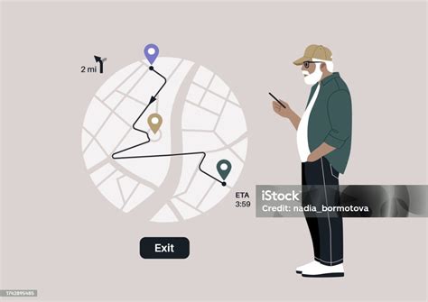한 노신사는 스마트폰에 집중하고 있는데 그는 특정 경로를 따라 핀이 설정된 Gps 지도를 사용하고 있으며 아마도 기술로 자신의
