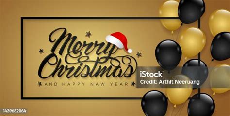 메리 크리스마스와 새해 복 많이 받으세요 배너 템플릿 타이포그래피 산타 모자 별 명성 및 풍선 장식 전단지 포스터 웹 배너 및