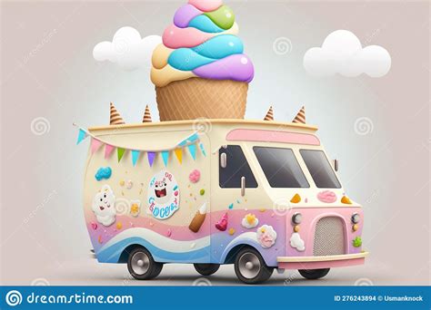 A Ice Cream Food Truck In The Form Of A Cartoonish Isolated Van Is Seen Serving Street Food