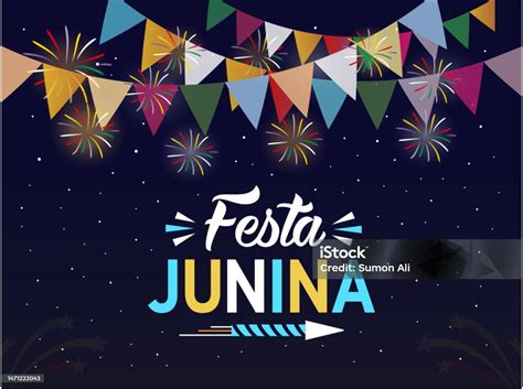 페스타 주니나 아름다운 배경에 파티 깃발과 종이 랜턴이 있는 그림 벡터 브라질 6 월 축제 디자인 인사말 카드 초대장 또는 휴일 포스터 주니나 축제에 대한 스톡 벡터 아트